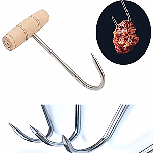 Tinsow 2pcs Stainless Steel T Hooks T-Handle Meat Boning Hook for Kitchen Butcher Shop Restaurant BBQ Tool (Wooden Handle)