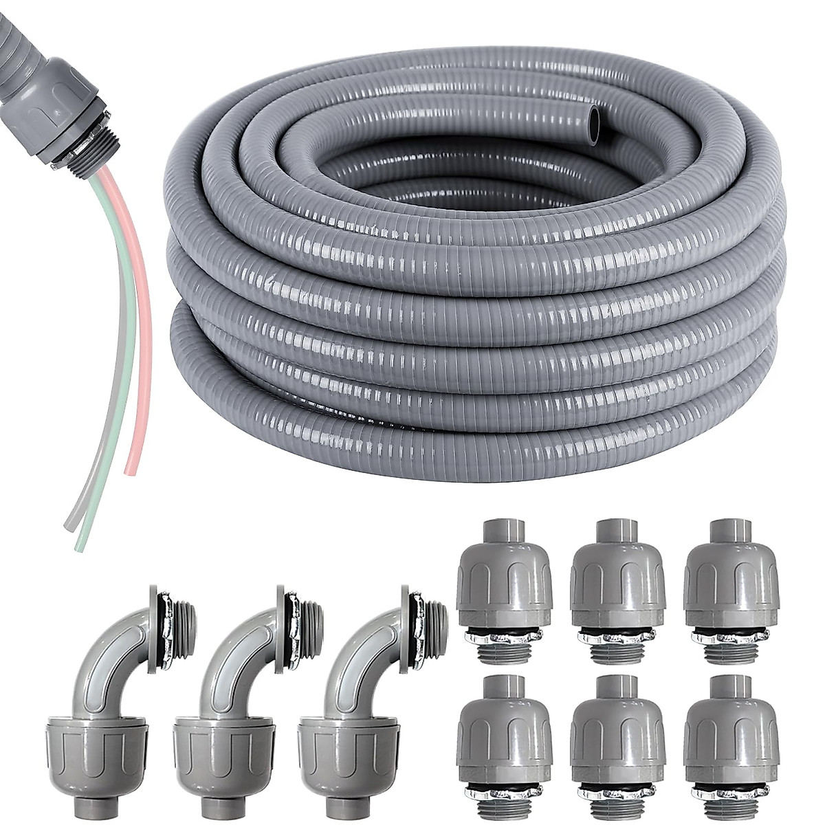 VASALAID 1/2inch 25ft Electrical Conduit Kit, Flexible Non Metallic Liquid Tight Conduit, Flexible Conduit with 6 Straight and 3 Angle Fittings, Not Include 10-AWG 3 Colour Wire (1/2" Dia)