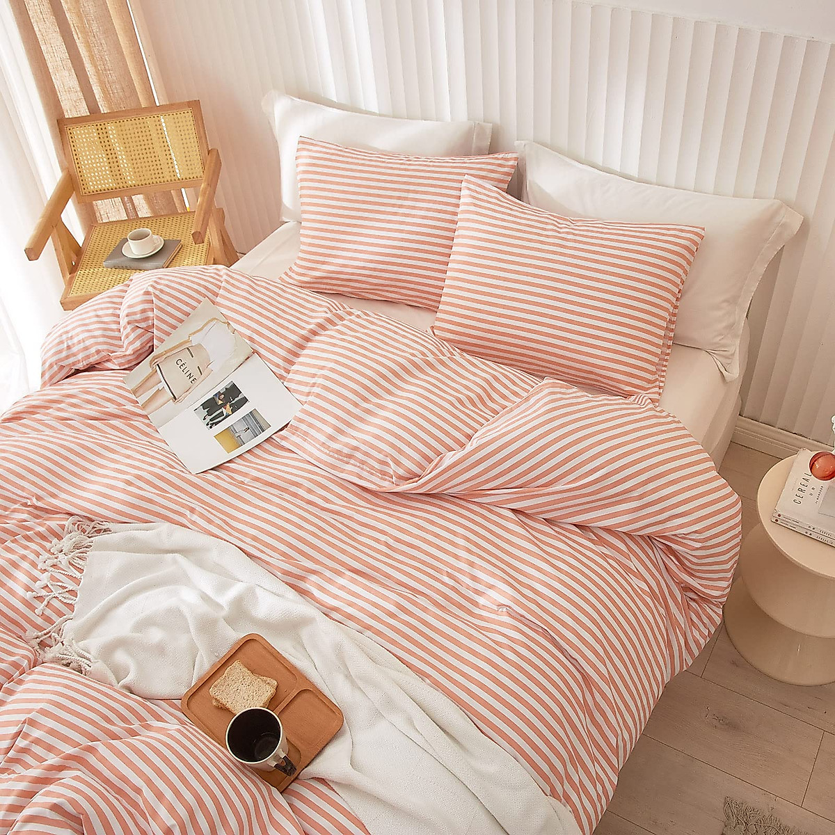 EAVD Duvet Cover Twin XL Pink Striped Duvet Cover Soft Microfiber Classic Pink and White Striped Geometric Bedding Set with 2 Pillowcases Reversible Pink Striped Comforter Cover with Zipper Closure