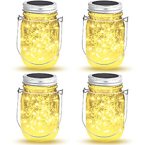 4 Pack Mason Jar Solar Lights, OxyLED 40 LED Fairy Lights Solar Powered with Jars and Hangers, Waterproof Hanging Solar Lights Outdoor, Decorative Solar Lanterns for Home Garden Patio Party Wedding