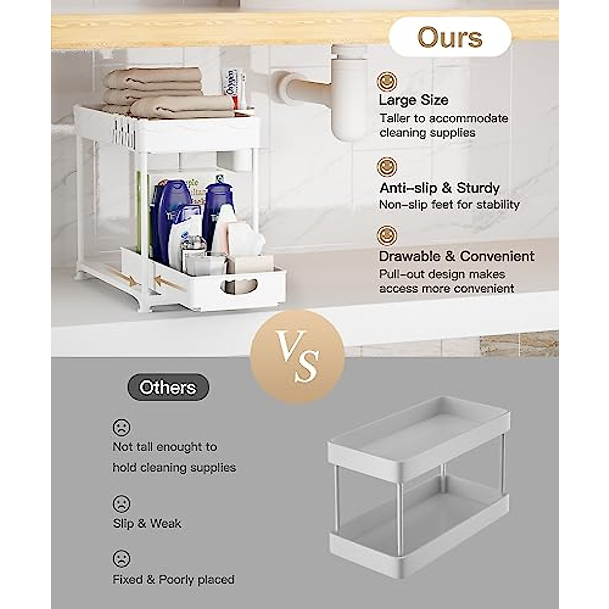 MERRYBOX 2 Pack Under Sink Organizers and Storage, Sliding Under Bathroom Cabinet Organizer, 2 Tier Kitchen Under Sink Organizer Pull Out Drawer with 8 Hooks, 2 Hanging Cups, 8 Non-Slip Feet, White