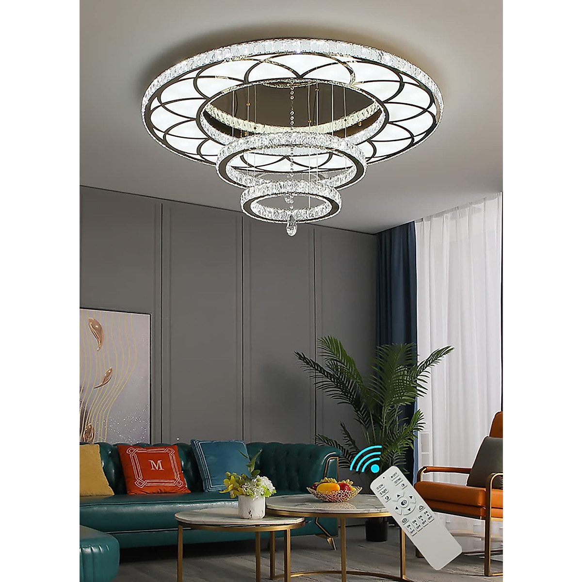 Flashing God W40inches Big Crystal Chandeliers Lampara De Sala Grande Moderna Flush Mount Large Pendant Chandeliers High Ceiling Chandelier for Living Room Dining Room Bedroom LED Dimmable 2700-6000k