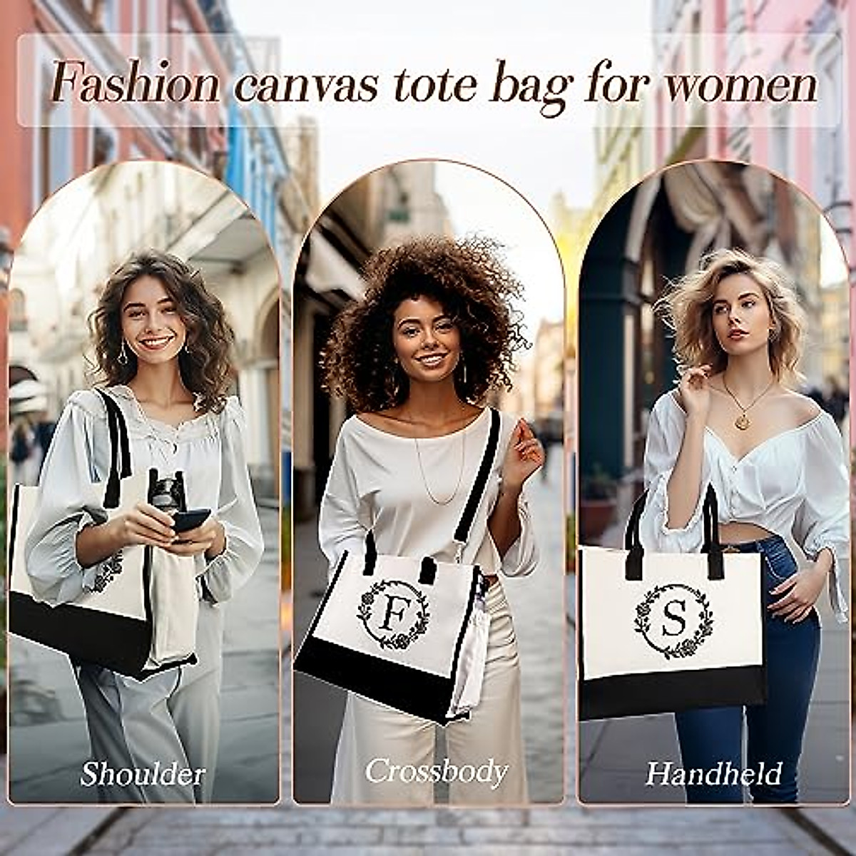QLOVEA Large Initial Canvas Tote Bag with Zipper Travel Beach Bag with Embroidery Initial Gifts for Her Women