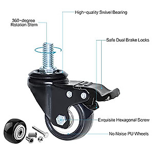 2" Stem Caster Wheels Heavy Duty Threaded Swivel Caster Wheel No Noise Swivel Castors for Trolley, Workbench, Furniture, 440 Lbs Load Capacity Set of 4 (2 with Brake & 2 Without)