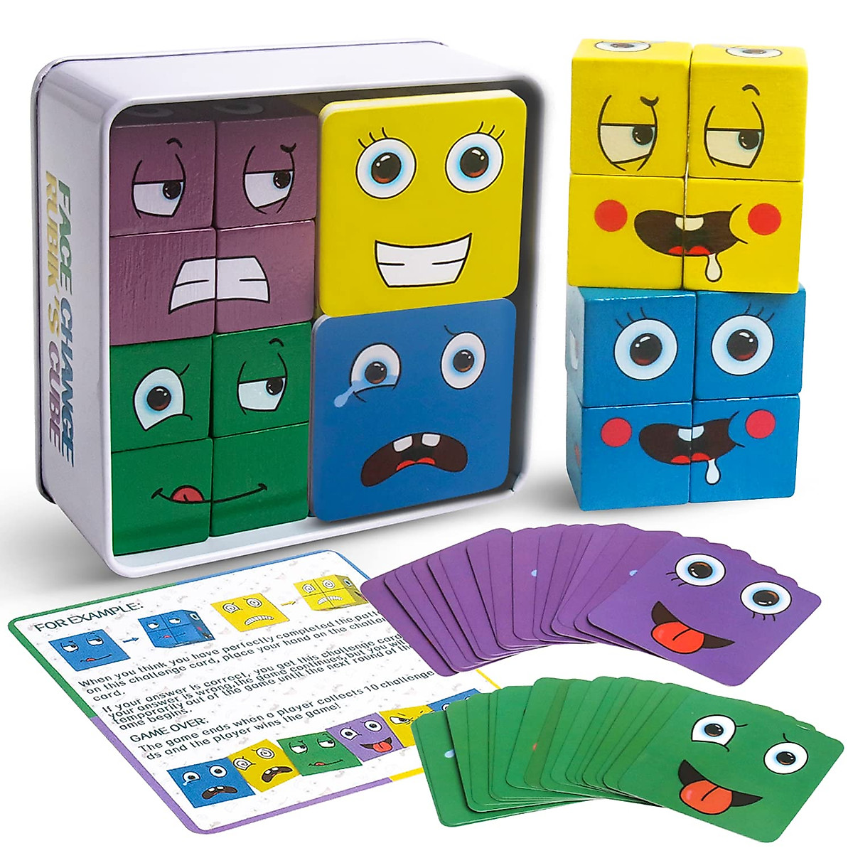 RAEQKS Wooden Expressions Building Block Brain Teasers Puzzle Magic Face Changing Cube Educational Montessori Toys Family Board Games Matching Puzzles Set for Toddlers Kids Aged 3 4 5 6 Years and Up