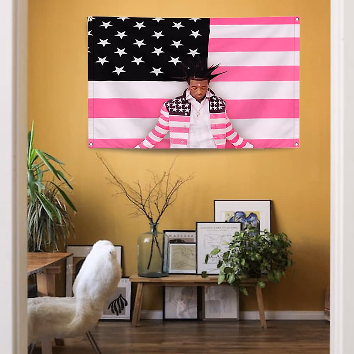 Pink Tape Flag Tapestry Music Album Cover Tapestry Lil Rapper Uzi Pink American Flag Tapestry Wall Hanging Dorm Backdrop Banner Room Flags Home Decor Fans Gift (3x5ft)