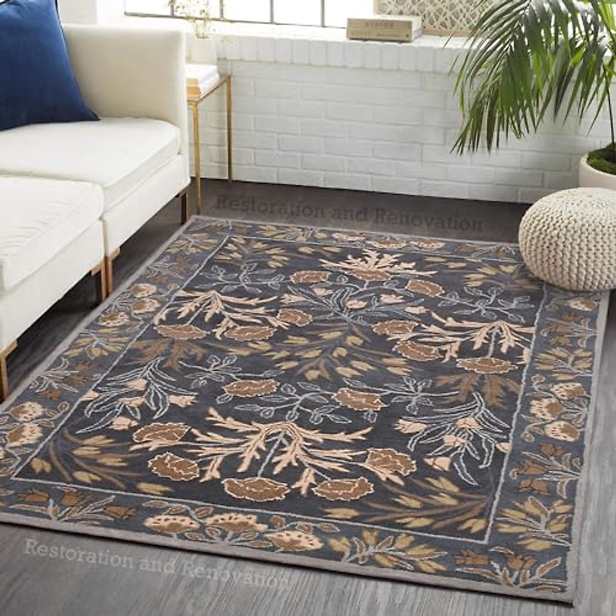 Restoration and Renovation Handmade Floral Adeline Beige/Blue Tulips Traditional Crafted Wool Area Rug for Living Room Bedroom and Kitchen (Blue, 4X6 FT)