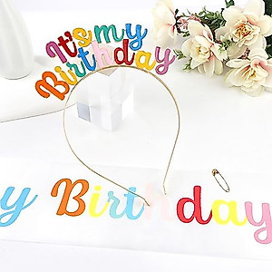 Araluky Happy Birthday Crowns for Women IT'S MY BIRTHDAY Alloy Headband with Its My Birthday Sash and Tiara for Women Rainbow Birthday Headband Tiaras for Women Girls Parties Favors Gift (Rainbow)