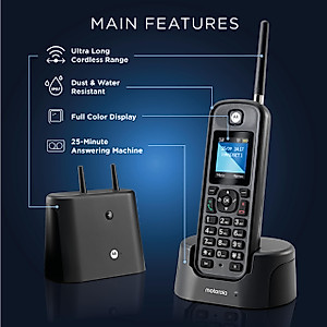 Motorola O214 DECT 6.0 Long Range Cordless Phone - Wireless Phones for Home & Office Phone with Answering Machine - Indoors and Outdoors, Water & Dust Resistant, IP67 Certified - Black, 4 Handsets