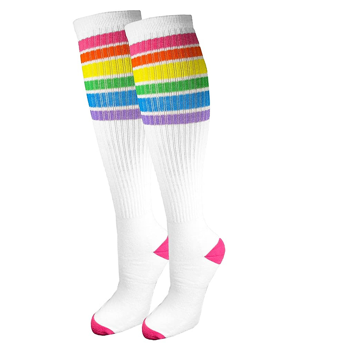 juDanzy Premium Striped Adult Knee High Tall Athletic Skater Tube Socks (Small, White with Bright Rainbow Stripes)