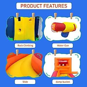 HuaKastro Inflatable Bounce House Water Slide with Blower, 5 in 1 Backyard Water Park W/Climbing Wall, Splash Pool, Jumping Castle, Water Slide, Cannon, Bucket Dump for Indoor Outdoor Parties