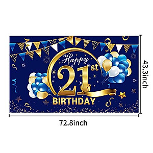 Happy 21st Birthday Banner Decorations for Boy, Blue Gold 21 Birthday Backdrop Party Supplies, 21 Year Old Birthday Photo Background Sign Decor
