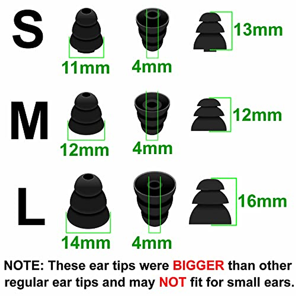 A-Focus 9 Pairs Noise Isolation Triple Three Flange Ear Tips Buds Plugs Gels Bud with 4mm Inner Hole for Inside Diameter 4mm-4.8mm Earbuds in-Ear Earphones, S/M/L Black White