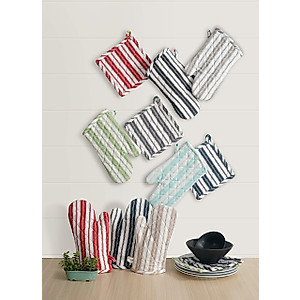 Oven Mitts & Potholder Set - Durable Heat Resistant Gloves - Thick Mittens for Kitchen - Suitable for Cooking, Baking, Grilling – BBQ - 2 Oven Mitts & 2 Potholders – Grass Green Stripes - Casa De Lan