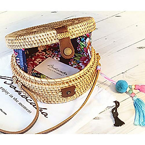 Handwoven Round Rattan Bag, Leather Shoulder Strap, Two Pocket Boho Bali Wicker Crossbody Handbag