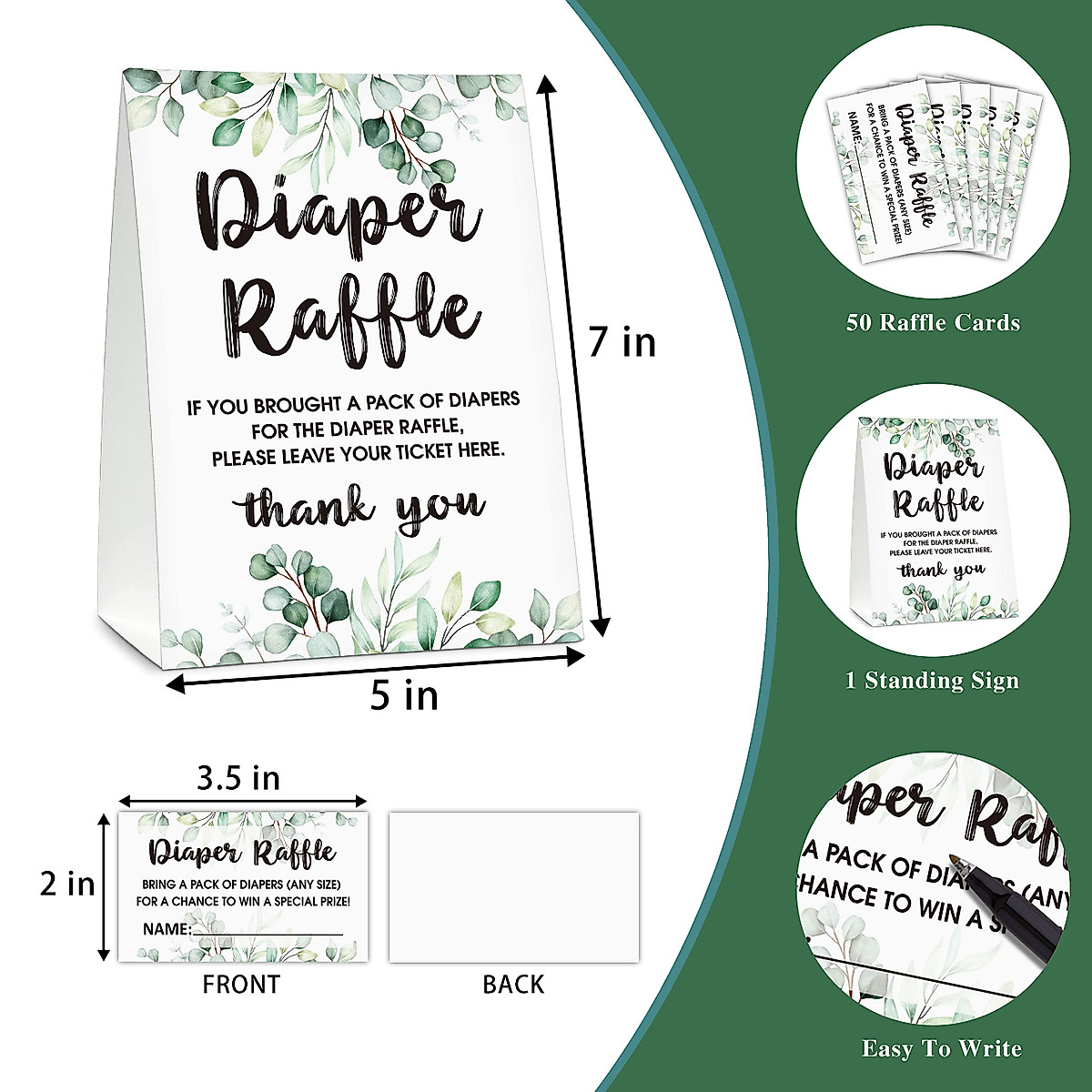 Diaper Raffle Baby Shower Game Set(1 Standing Sign + 50 Guessing Cards), Greenery Diaper Raffle Tickets for Baby Shower, Gold Foil Baby Shower Party Favor Decor - A11