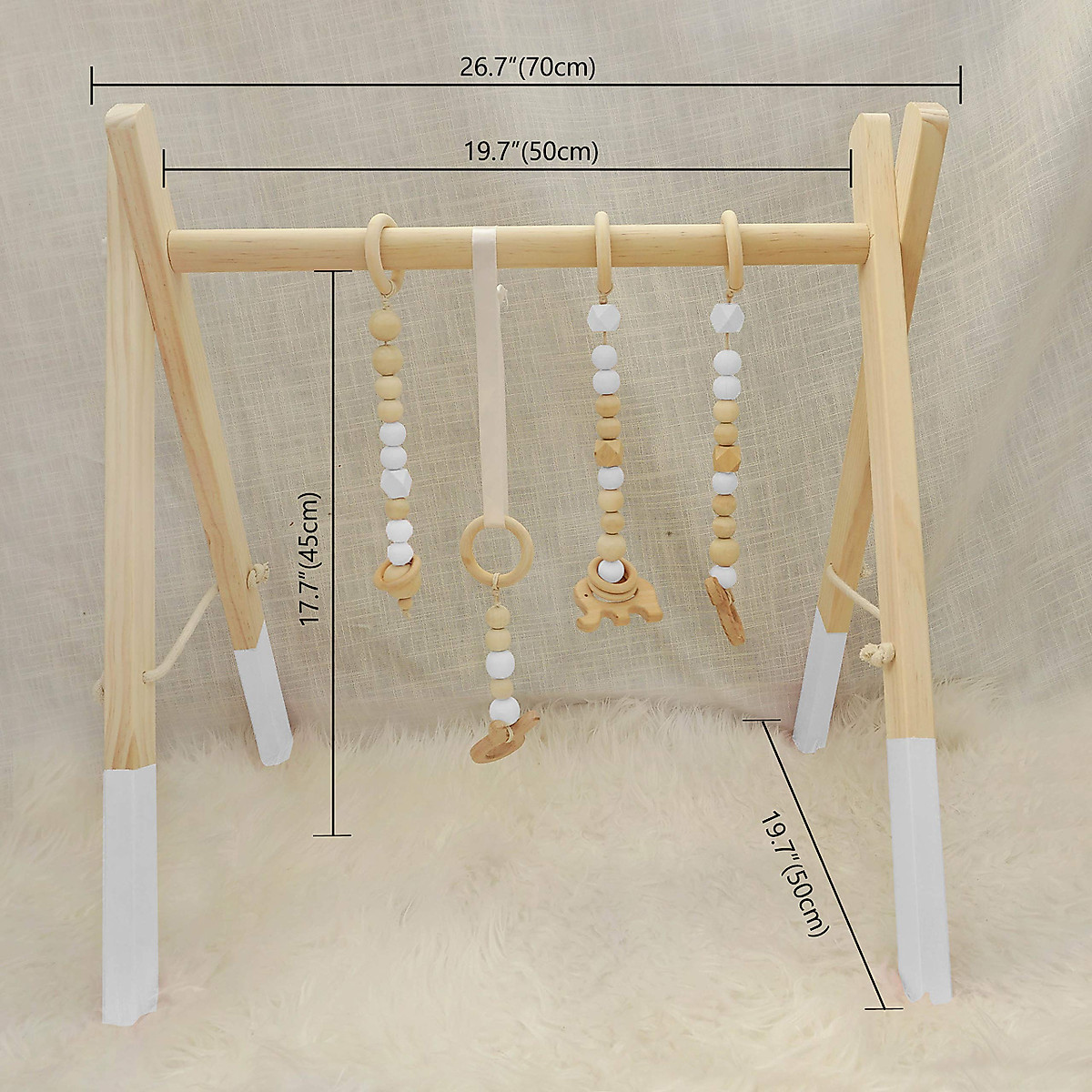 Cynzia Baby Foldable Wooden Play Gym with 4 Theething Gym Toys Frame Activity Gym Natural Hanging Bar Newborn Gift Baby Girl and Boy Gym (White)
