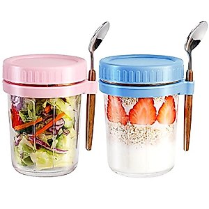 SUREHOME Overnight Oats Containers with Lids and Spoon, 16 Oz Glass Mason Jars for overnight oats oatmeal container to go meal prep jars with Measurement Marks for Pudding Milk Cereal Salad (2 Pack)