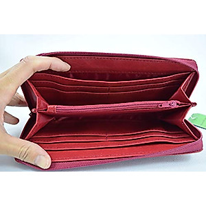 Lavishy Black Cat and Flower applique Zip Around Wallet with a Strap (Red)