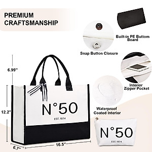 Lamyba 50th Birthday Gifts for Women Canvas Beach Tote Bag with Makeup Bag for Wife/Mom/Friends/Sister 50th Birthday Present, N°50 EST 1974