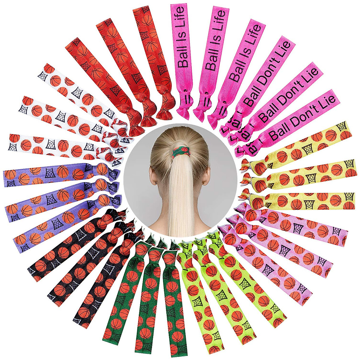 WILLBOND 30 Pieces Basketball Hair Accessories Basketball Hair Ties Elastics Ribbon Ties Sports Ponytail Holders No Crease Hairbands Gifts for Women Team Player