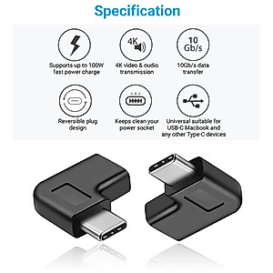 URWOOW USB C Right Angle Adapter,90 Degree USB C to USB Type-C Male to Female Adapter Convertor Extension, for Laptop & Tablet & Mobile Phone (2 Pack).
