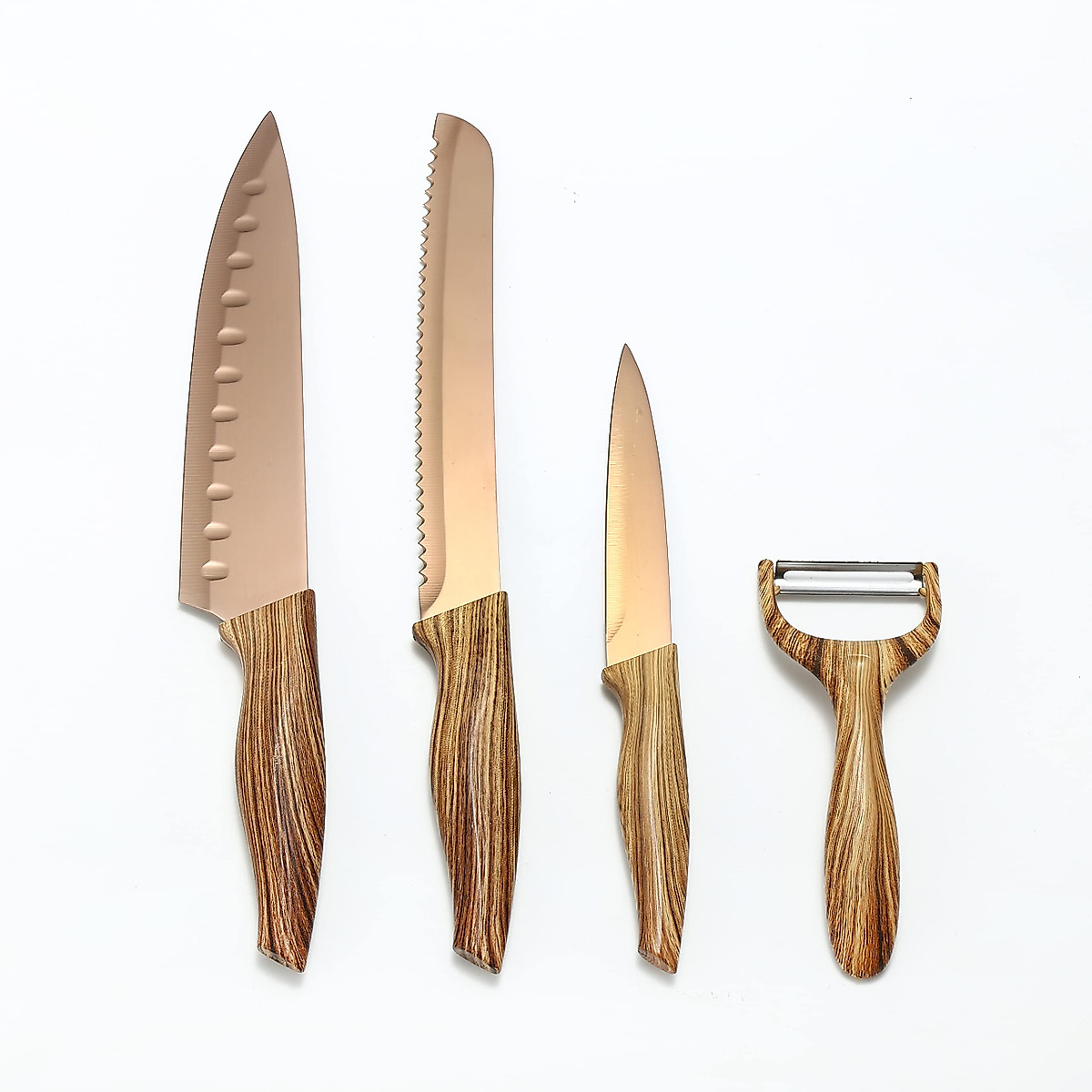 MAOMIDA Knife Set - Luxury rose Gold kitchen Knife set, titanium coated 4 piece stainless steel hollow handle golden kitchen knife set wood grain knife