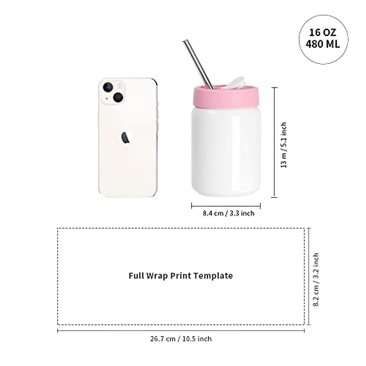 PYD Life Sublimation Mason Jar Tumbler Blanks White 16 OZ with Silicon Lid and Metal Straw Stainless Steel Cups Mugs for Cricut Mug Press and Tumbler Press Print 4 Pack