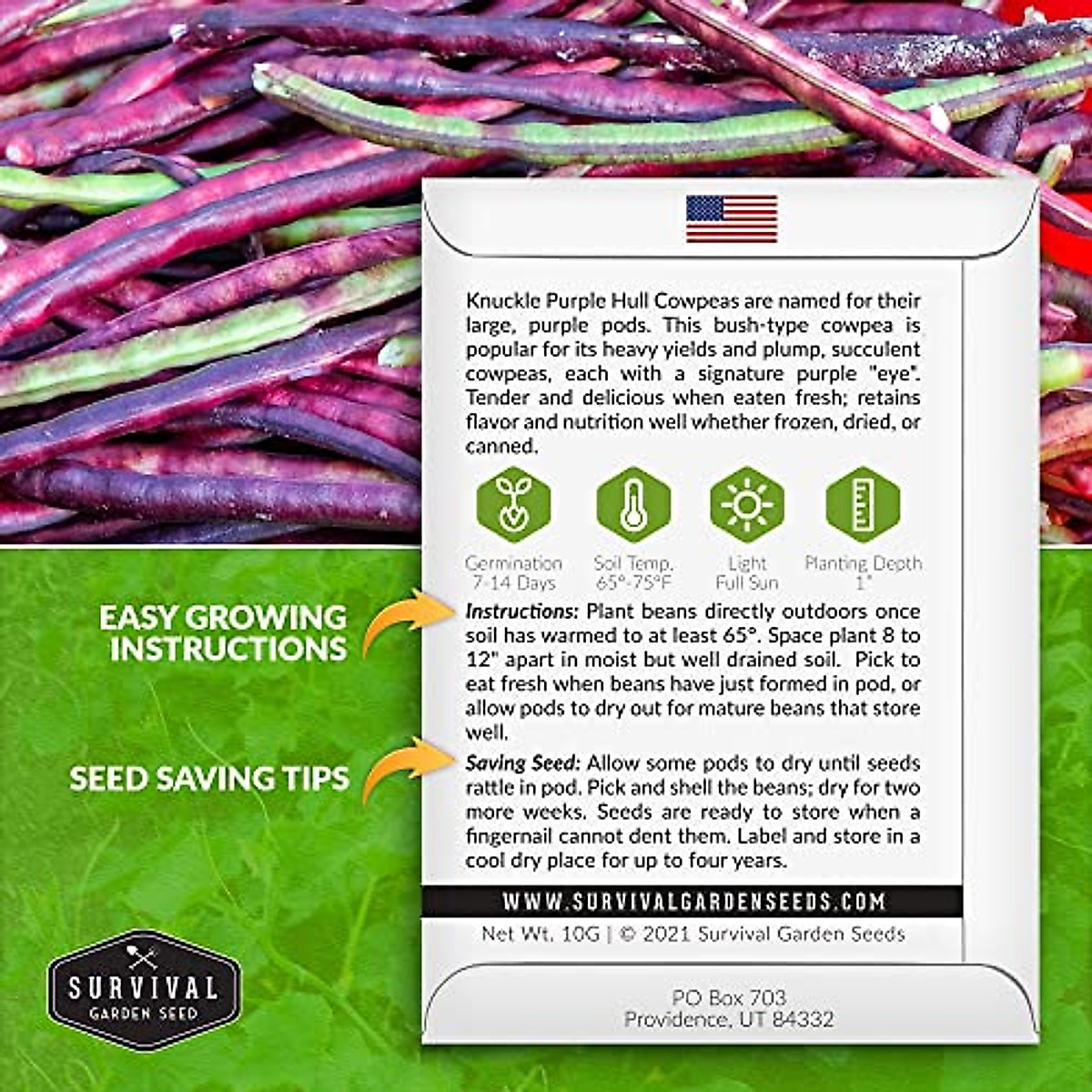 Survival Garden Seeds - Knuckle Purple Hull Cowpeas Seed for Planting - Packet with Instructions to Plant and Grow Delicious & Nutritious Peas in Your Home Vegetable Garden - Non-GMO Heirloom Variety