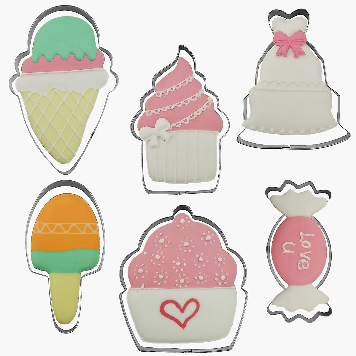 Summer Ice Cream Series Cookie Cutters Set of 6 pcs, Stainless Steel Fondant Cutter Molds Baking DIY
