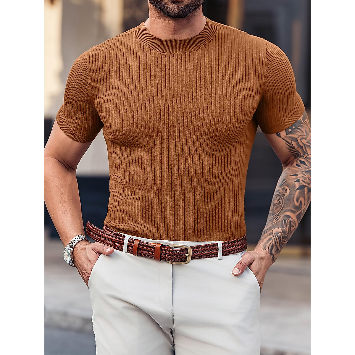 Mens Casual Slim Fit Basic Tops Short Sleeve Shirt Turtleneck T Shirts Rib Knitted Stretch Pullover Sweater