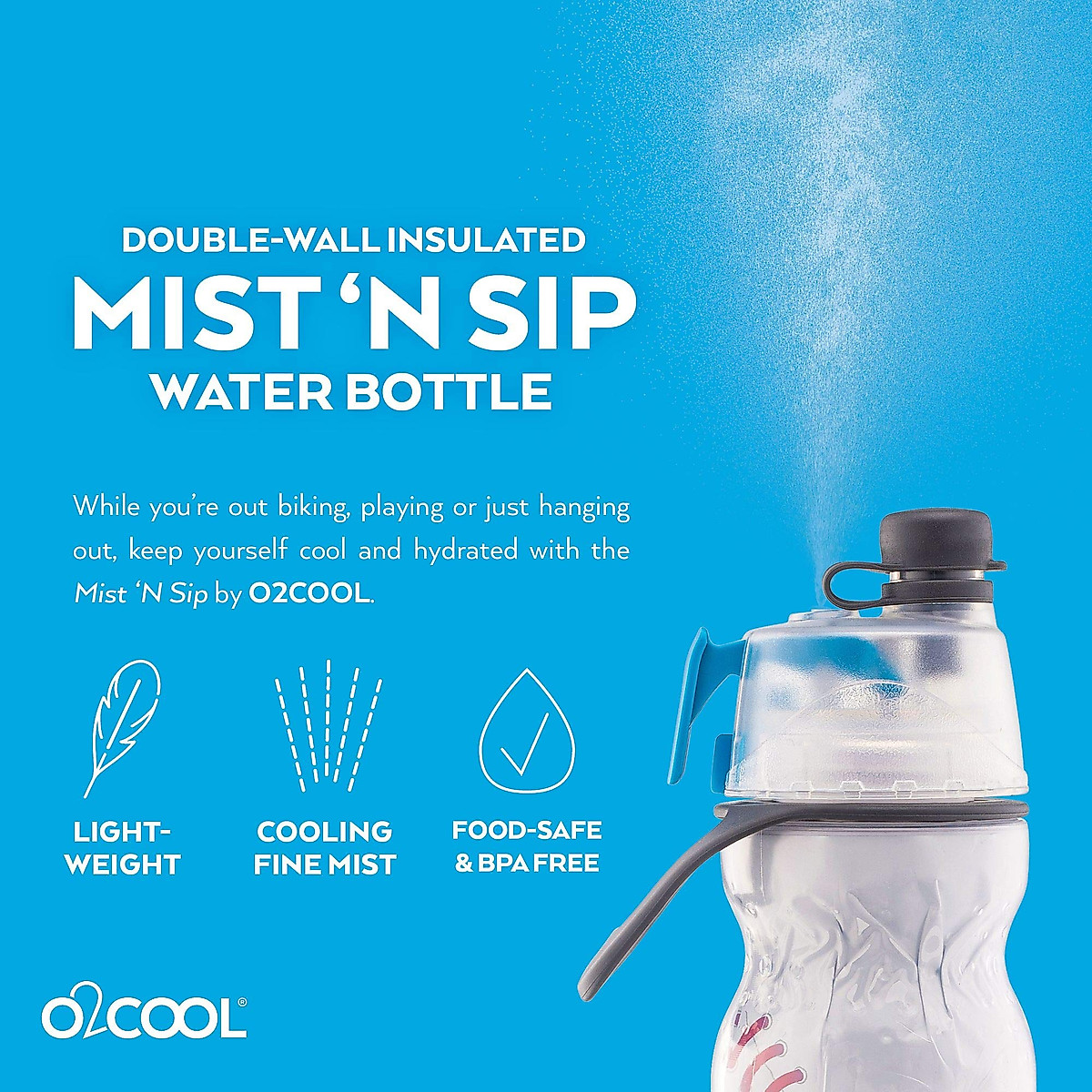 O2COOL Mist 'N Sip Misting Water Bottle 2-in-1 Function With No Leak Pull Top Spout Sports Reusable Water Bottle - 20 oz (2 Pack Baseball)