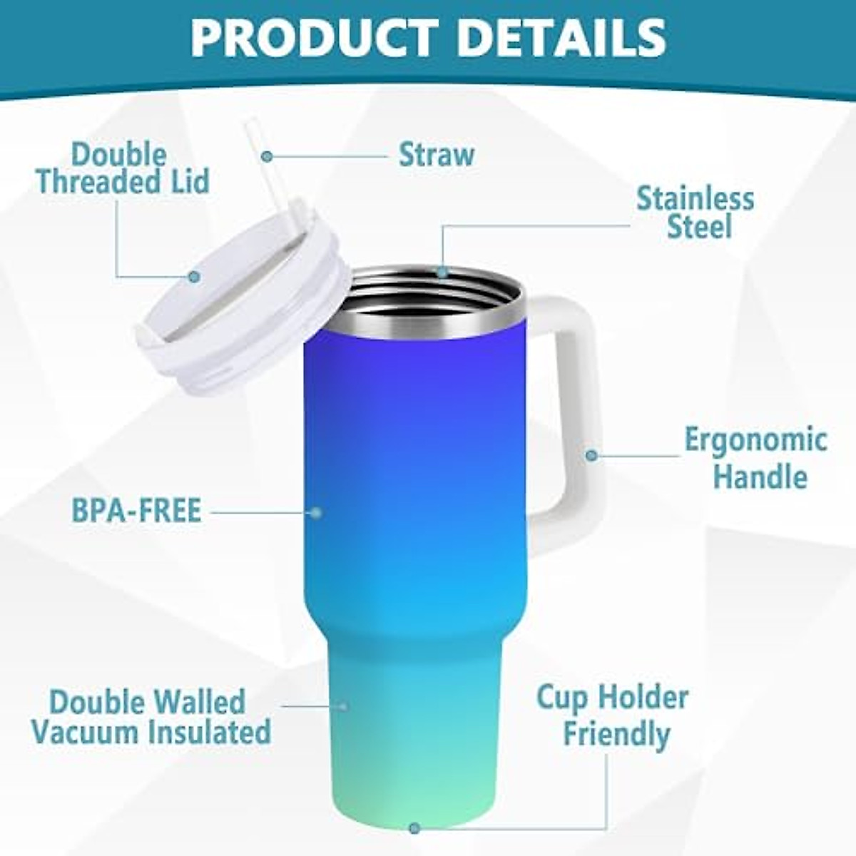 MCHIVER Blue Gradient 40 oz Tumbler with Handle and Straw Stainless Steel Vacuum Water Bottle Leak-proof Travel Coffee Mug Thermos Water Bottle for Home Office Car