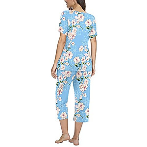 POPYOUNG Women's Pajamas Sets, Summer Short Sleeves Tunic Top with Comfy Capri Pants, Lounge Sleepwear 2 piece Ladies Pjs Sets with Pockets L, Floral Blue