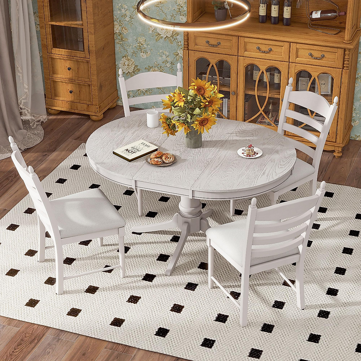 P PURLOVE 5 Piece Round Dining Table Set, Functional Furniture Retro Style, Round Table with a 16" W Leaf and 4 Upholstered Chairs, Dining Set for Dining Room and Living Room (Walnut)
