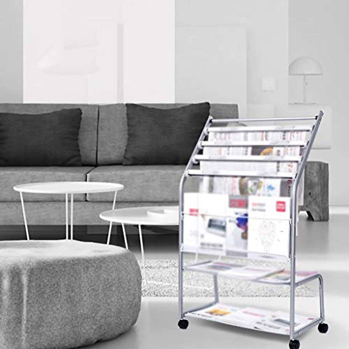 Metal Magazine Rack Newspaper Holder Book Shelf Storage Rack with Wheels Stratification Freestanding Display Rack Materials Robust 63.5X36X105CM MUMUJIN