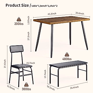Gizoon Dining Table Set for 4, Kitchen Dining Table with Bench and 2 Chairs for Small Space, Apartment, Retro Brown
