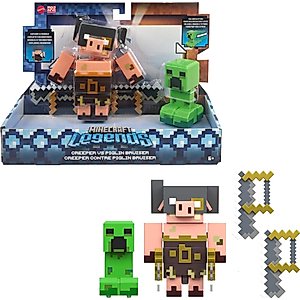 Mattel Minecraft Legends Action Figure 2-Pack, Creeper vs Piglin Bruiser Set, Attack & React Collectible Toys, 3.25-inch Scale