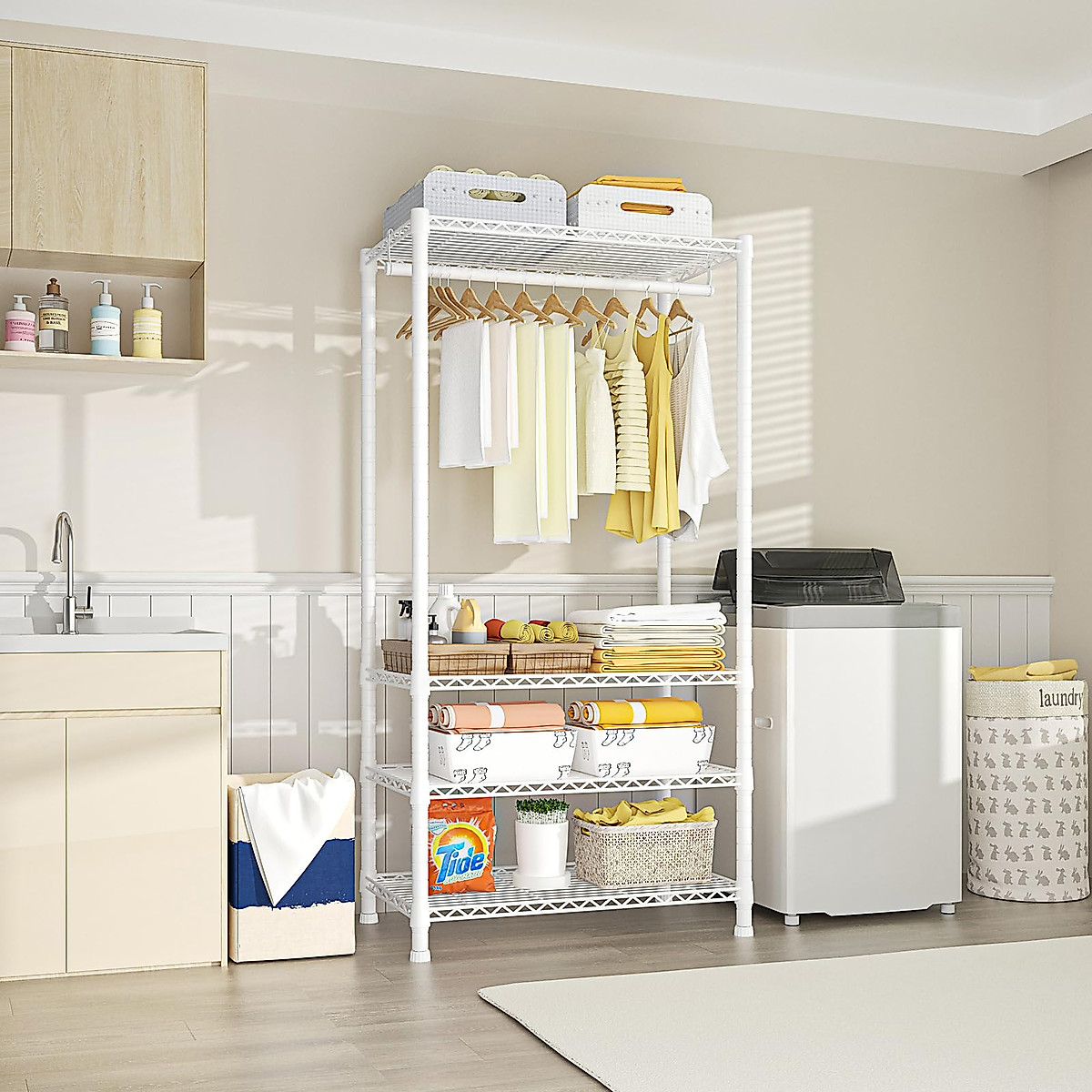 Ulif H2 Heavy-Duty Portable Closets, 4-Tier Freestanding Garment Rack Suit for Small Space and Corner, Closet Organizer System Portable Closet Wardrobe, Max Load 500 LBS, White