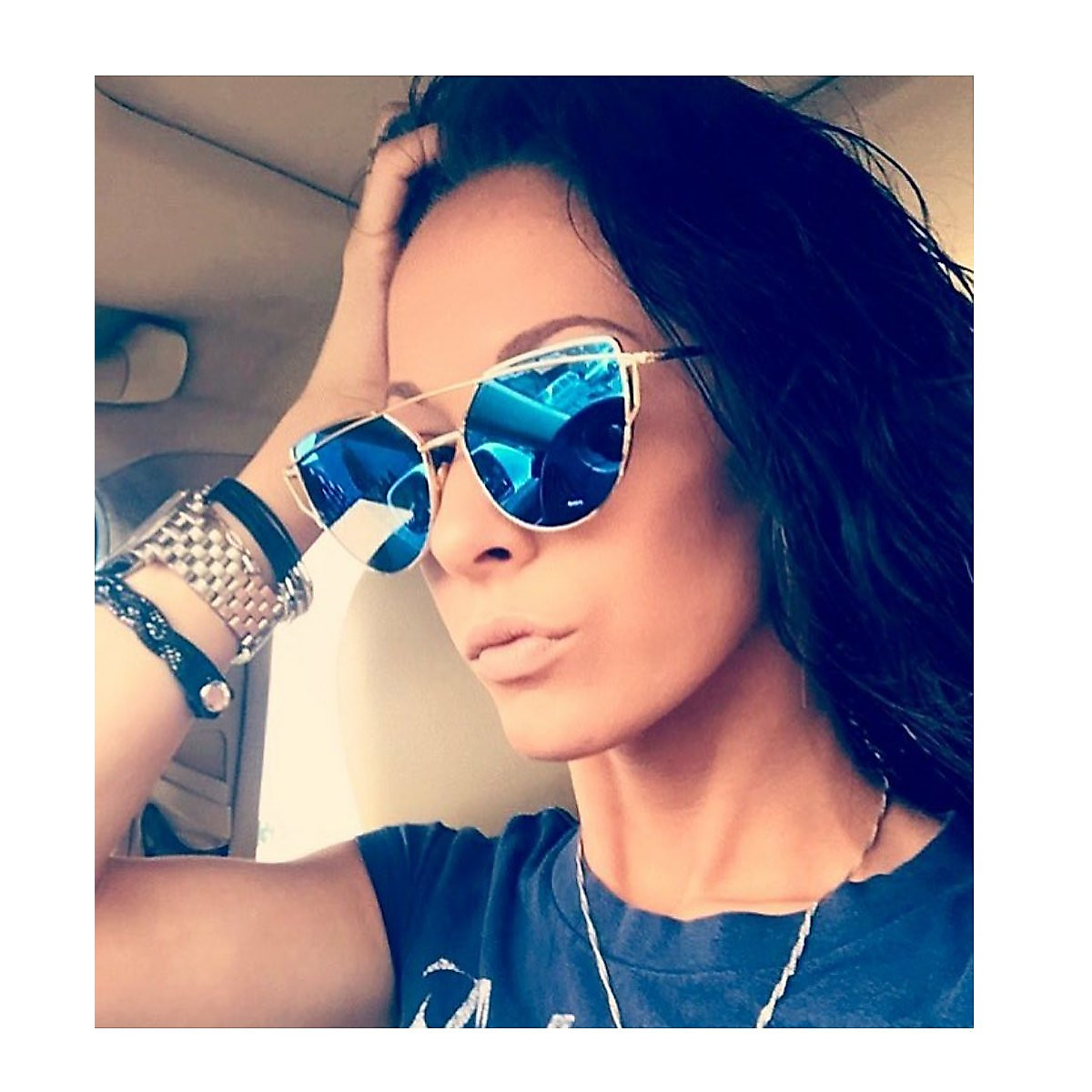 FEISEDY Cat Eye Fashion Metal Frame Mirrored Flat Lenses Women Sunglasses B2206