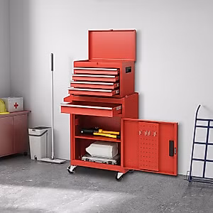 Goplus Rolling Tool Chest, 5-Drawer Tool Box Organizer w/Lockable Wheels & Sliding Drawers & Detachable Top & Adjustable Shelf, Tool Storage Cabinet for Garage Workshop (Red)