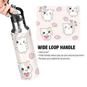 xigua 20oz Double leak Proof layer Insulated Keep Warm,Cute Hamster with Strawberry Stainless Steel Water Bottle with Straw for Sports and Travel#62