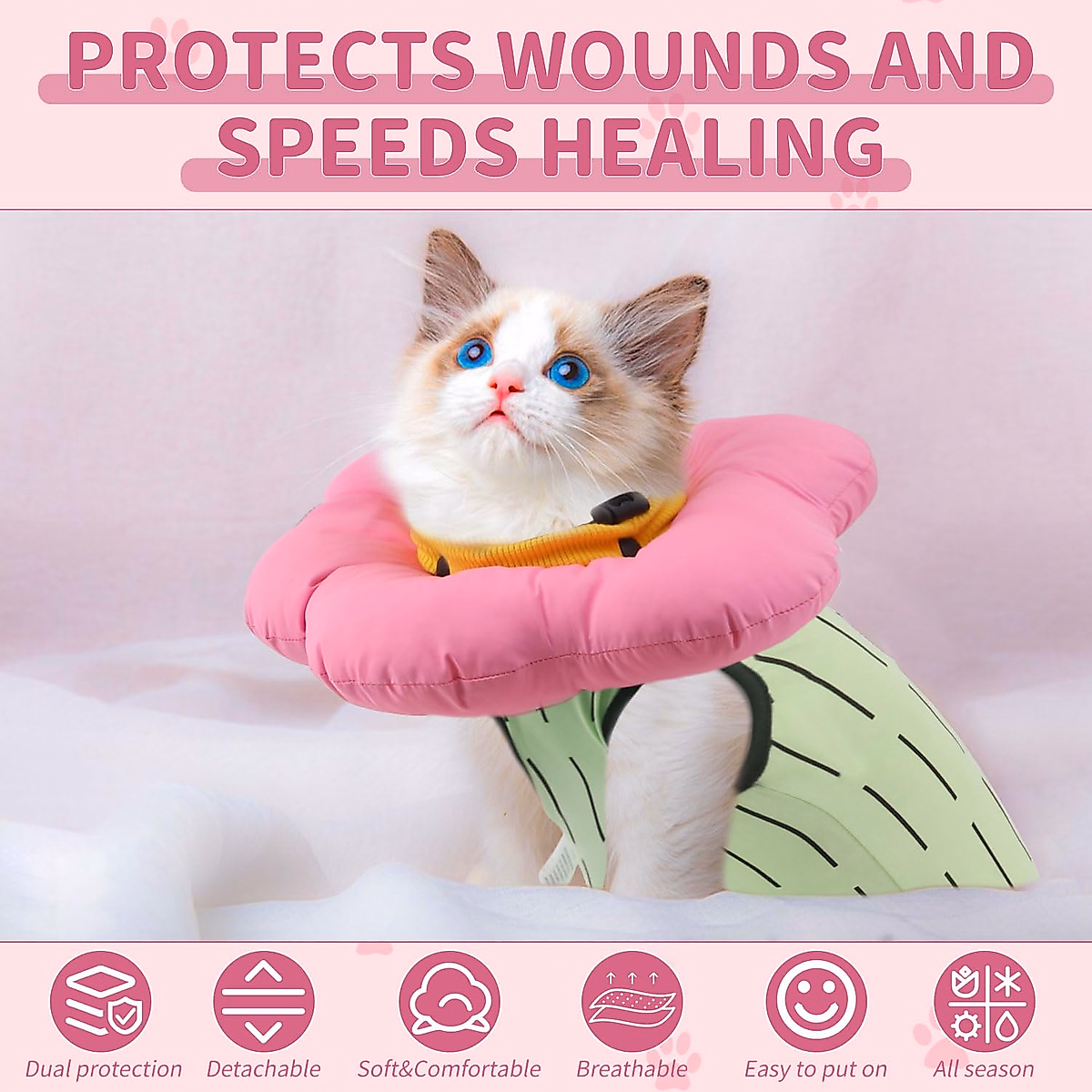 EMUST 2PCS Cat Recovery Suit and Cat Cone Collar Female, Cute Cat Surgical Suit for Abdominal Wounds or Skin Diseases, Adjustable Flower Neck Cat Cone Collar Soft for Cats 4-8lb(Green, M)