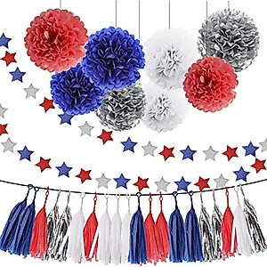 HEARTFEEL 30pcs Patriotic Tissue Paper Pom Pom Silver Navy Blue Red White Tassel Garland Party Decorationsred and blue party decorations (Navy Blue Red Silver White)