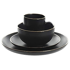 Gibson Home Rockaway Round Stoneware Dinnerware Set, Service for 4 (16pcs), Black/Gold Rim