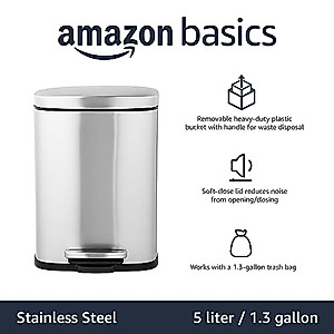 Amazon Basics Smudge Resistant Small Rectangular Trash Can With Soft-Close Foot Pedal, Brushed Stainless Steel, 5 Liter/1.3 Gallon, Satin Nickel Finish