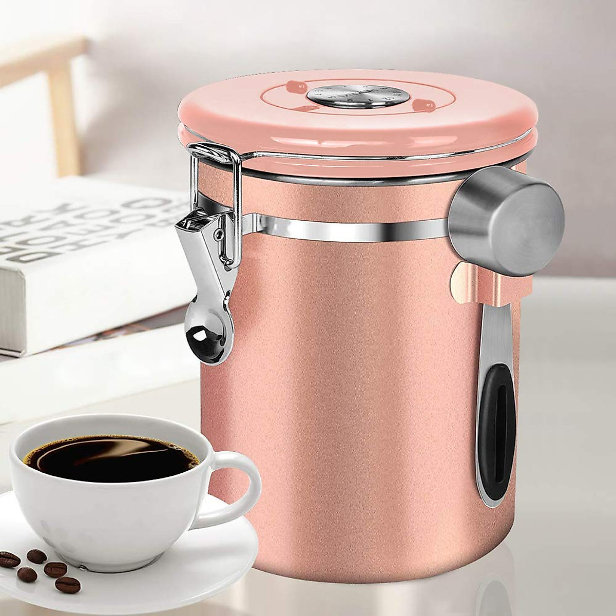 NEX Coffee Canister, 22oz Airtight Stainless Steel Coffee Kitchen Food Storage Container with Scoop, Date Tracker and CO2 Release Valve for Beans, Ground, Tea, Flour, Cereal, Sugar, Rose Gold