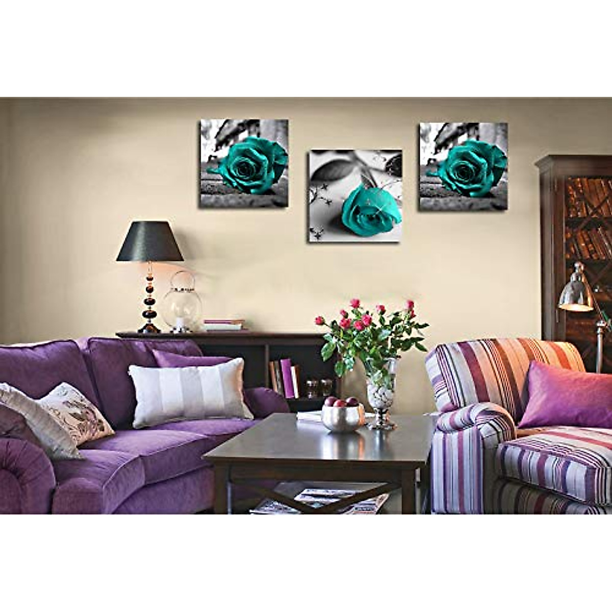 Canvas Wall Art Teal Rose Flowers Pictures Wall Decor -36" x 12" Gray Canvas Prints Painting Framed for Bathroom Bedroom Home Decor