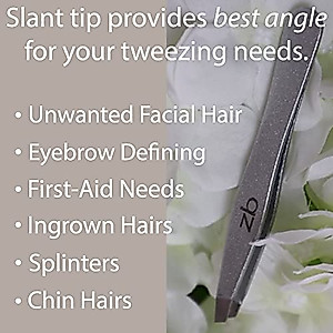 Zizzili Basics Tweezers - Surgical Grade Stainless Steel - Slant Tip for Expert Eyebrow Shaping and Facial Hair Removal - with Bonus Protective Pouch - Best Tweezer for Men and Women