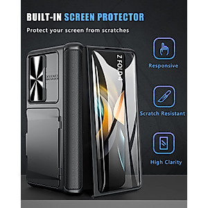 Vihibii for Samsung Galaxy Z Fold 4 5G Case with Card Holder & Sliding Camera Lens Cover, Built-in Hinge Protaction & Screen Protector & Kickstand, Case for Samsung Galaxy Z Fold 4 5G 2022 (Black)